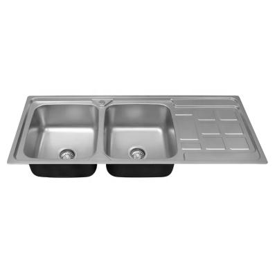 China Commercial Kitchen Sink Double Square Stainless Steel Handmade Drain Board Easy Assembly One-Hole Design Faucet Not Included for sale