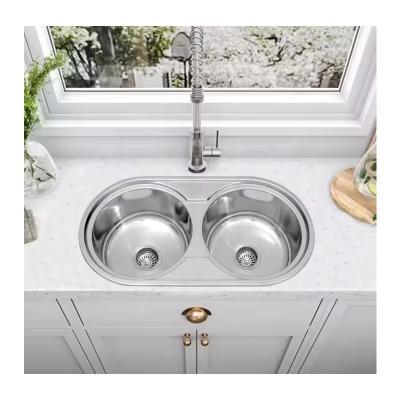 China 85x45cm Cheap Stainless Steel Sink One Piece Drawing Above Counter Washing Basin Durable Double Bowl Kitchen Sink for sale