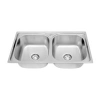 China 85x45cm Cheap Stainless Steel Sink One Piece Drawing Above Counter Washing Basin Durable Double Bowl Kitchen Sink for sale