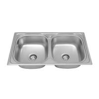 China 85x45cm Cheap Stainless Steel Sink One Piece Drawing Above Counter Washing Basin Durable Double Bowl Kitchen Sink for sale