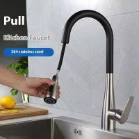 China Modern Single-Handle 304 Stainless Steel Kitchen Faucet 304 Stainless Steel Household Pull-Out Hot/Cold Modern Design for sale