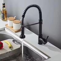 China Modern Stainless Steel Brass Pull-Out Deck Mounted Kitchen Faucet Single Hole Brushed for Outdoor Hotel Kitchen Hot Cold Water for sale
