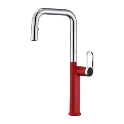 China All Brass Red High-end Kitchen Pull-out Faucet Vegetable Sink Wash Basin Sink Rotating Cold and Hot Home Telescopic Style for sale