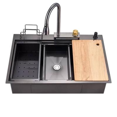 China Stainless Steel Nano Step Handmade Above Mount Waterfall Faucet Multifunction Single Bowl Kitchen Sinks for the Kitchen for sale
