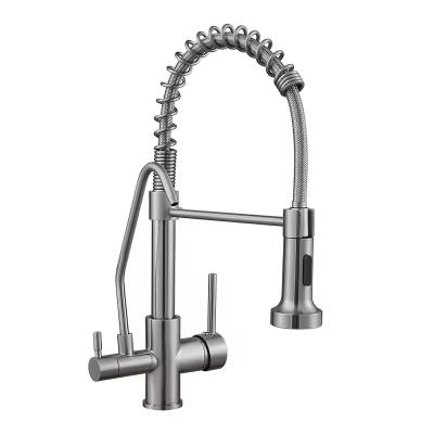 China Hot and Cold Stainless Steel Commercial 3 Way 3 in 1 Swivel Spring Spout Water Filter Purifier Pull Down RO Kitchen Faucet for sale