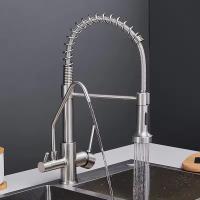 China Hot and Cold Stainless Steel Commercial 3 Way 3 in 1 Swivel Spring Spout Water Filter Purifier Pull Down RO Kitchen Faucet for sale