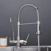China Hot and Cold Stainless Steel Commercial 3 Way 3 in 1 Swivel Spring Spout Water Filter Purifier Pull Down RO Kitchen Faucet for sale