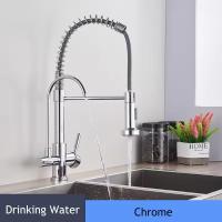 China Hot and Cold Stainless Steel Commercial 3 Way 3 in 1 Swivel Spring Spout Water Filter Purifier Pull Down RO Kitchen Faucet for sale