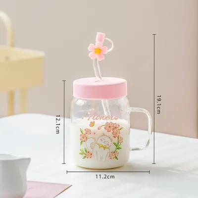 China Relief Transparent Cat High-temperature Glass Cup Cute Large-capacity Covered Straw Student Girls' Milk Breakfast Cup Office for sale