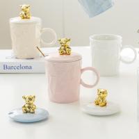 China Premium Ceramic Mug Set with Golden Teddy Bear Lid Little Bear Girls Ceramic Cup and Spout 300ml for sale