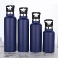 China Black Stainless Steel Water Bottles 24 Ounce Vacuum Insulated Double Wall Travel Bottle With Leak-Proof Straw Lid Of Handle Metal Reusable Standard Mouth Flask Thermoses For School Hikers for sale