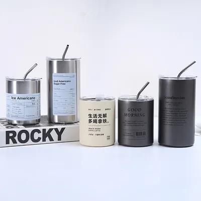 China Tumbler Stainless Steel Coffee Cup Insulation With Lid And Straw American Style Portable Outside With Accompanying Straw Sealed Water Cups Double Wall Travel Flask for sale
