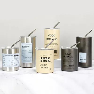 China 12oz Straight Mugs Ice Coffee Tumbler Stainless Steel Thermos Insulated Coffee Tea Mug Beer Drinking Cup With Straw Lid for sale