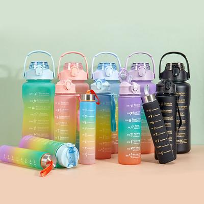 China Summer Gradient Motivational 3 In 1 Water Bottle Set Leak Proof Water Bottle 40 Oz With Handle Bpa Free Portable Sports Kettle for sale
