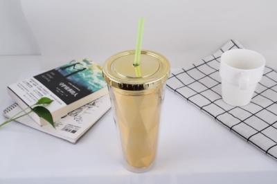 China 650ml Double-Layer Electroplated Plastic Straw Cup Summer With Lid Transparent Water Cup Creative Juice Cup for sale