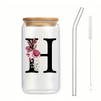 China Exquisite Customized Logo 16oz Sublimation Glass Water Bottle Clear Floral Letters Coke Can Glass Cups With Bamboo Lid And Straw 8*15cm for sale