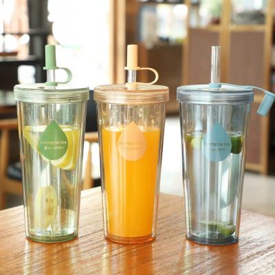 China Simple Double-layer Large Capacity Plastic Straw Cup Creative Student Transparent Milk And Juice Water Bottle for sale