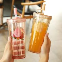 China Simple Double-layer Large Capacity Plastic Straw Cup Creative Student Transparent Milk And Juice Water Bottle for sale