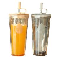 China Simple Double-layer Large Capacity Plastic Straw Cup Creative Student Transparent Milk And Juice Water Bottle for sale