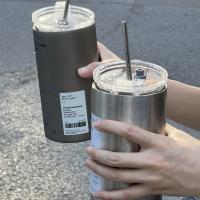 China Niche Coffee Tumbler Stainless Steel Fashionable And Trendy Straw Cup Portable Office Simple High Appearance Level Insulated Flask for sale