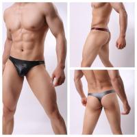 China Mens String Bikini Briefs Underwear Man Black Red Grey Faux Leather Thongs Sexy Tanga T Back for sale