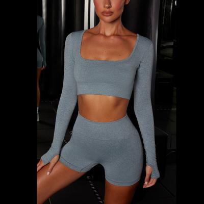 China Women Long Sleeve Fitness Crop Top Deep Neck XS-5XL Custom Fabric 260g OEM for sale