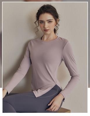 China OEM ODM Women Yoga Sweatshirt Side Slit Full Sleeve Workout Shirt Nylon Spandex 180GSM for sale