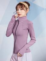 China Purple Women Running Coat Thumb Hole Zipper Front Sweatshirt 230g Nylon Spandex for sale
