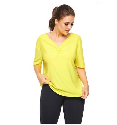 China Richee Yellow Plus Size V Neck T Shirts Women Yoga Short Sleeve 180g Cotton Spandex for sale