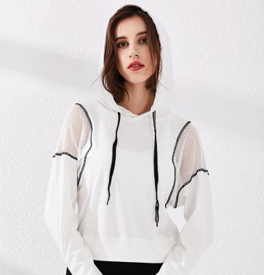 China BSCI Long Sleeve Crop Top Hoodie with Sexy Mesh Shoulder Polyester 180g Custom Size XS-5XL for sale
