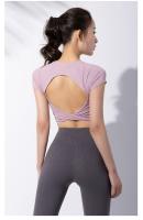 China Women's Yoga Crop Top Short Sleeve Back Cut Out Workout Top 250g Nylon Spandex for sale