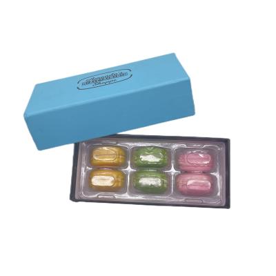 China Blue 6pcs Paper Macaron Packaging Box Kraft Paper With Plastic Inner Tray for sale