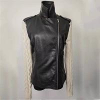 China Girl's Trendy Black Leather Jacket Short Leather Coat With Knitted Sleeves for sale