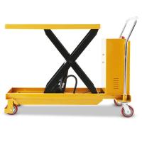 China Yellow Hydraulic Lifter Trolley 500kg 0.9m Semi Electric Scissor Lift Trolley for sale