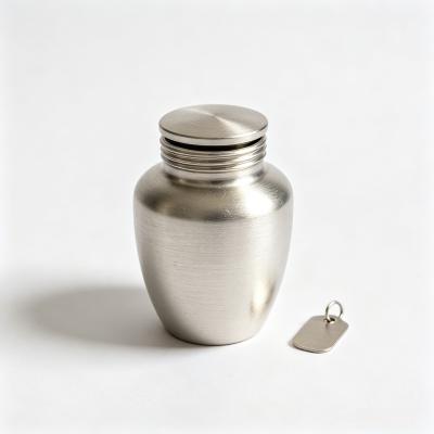 China Factory Mini Spun Aluminum Memorial Urn, Brushed Aluminum Alloy Portable Memorial Vessel, CNC One-Piece Spinning Forming, Custom From Drawings With Engravable Metal Tag for sale