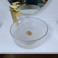 China 10 Inch Glass Wash Basin Free Standing Artistic Glass Vessel Bowl With Silver Edge for sale