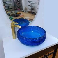 China Italian Design Blue Glass Sink Bowl 16.5 Inch Round Glass Above Counter Basin for sale