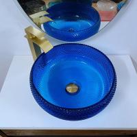China Italian Design Blue Glass Sink Bowl 16.5 Inch Round Glass Above Counter Basin for sale