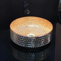 China Vanity Round Bathroom Basin Chromed Gold Diamond Shape Crystal Glass for sale