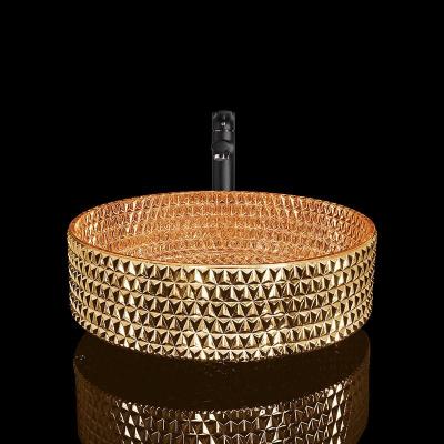 China Vanity Round Bathroom Basin Chromed Gold Diamond Shape Crystal Glass for sale