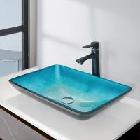 China Tempered Glass Blue Rectangle Vessel Sink 560 * 360 * 110mm With Faucet for sale