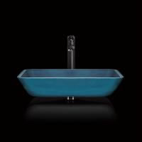 China Toughened Blue Glass Bowl Sink Blue Rectangle Above Counter 460mm Length for sale