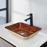 China Rectangular OEM Bathroom Wash Basins Bark Brown Handmade Tempered Glass Vessel Sink for sale