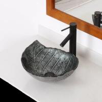 China Leaf Shaped Large Oval Vessel Sink Tempered Glass Gray Countertop for sale