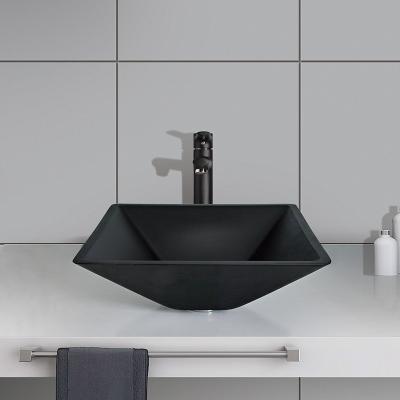 China 142mm Acid Matt Black Basin Square Funnel Shape Tempered Bathroom for sale