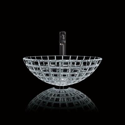 China Tempered Glass Wash Basin Bowl 420mm Length Round Glass Vessel Vanity Sink for sale