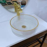 China Gold Edge Round Glass Wash Basin 45mm Bathroom Vessel Sink for sale