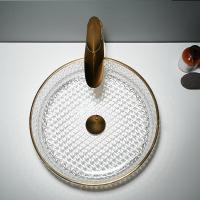 China Gold Edge Round Glass Wash Basin 45mm Bathroom Vessel Sink for sale