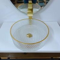 China Gold Edge Round Glass Wash Basin 45mm Bathroom Vessel Sink for sale