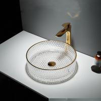China Gold Edge Round Glass Wash Basin 45mm Bathroom Vessel Sink for sale
